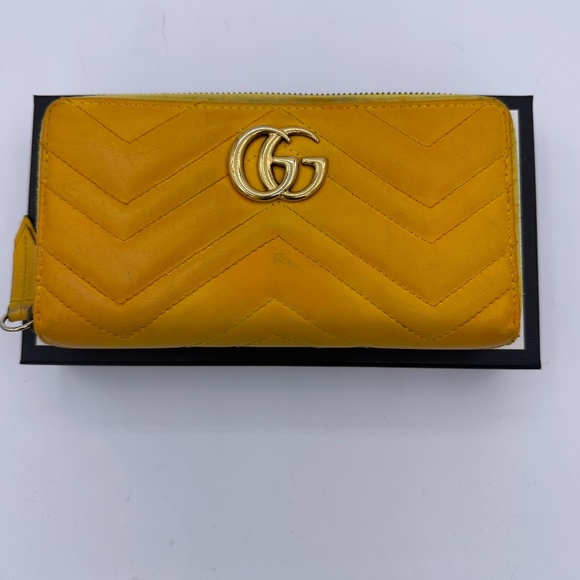 Gucci | Bags | Gucci Marmont Yellow Monogram Leather Zip Around Wallet ...